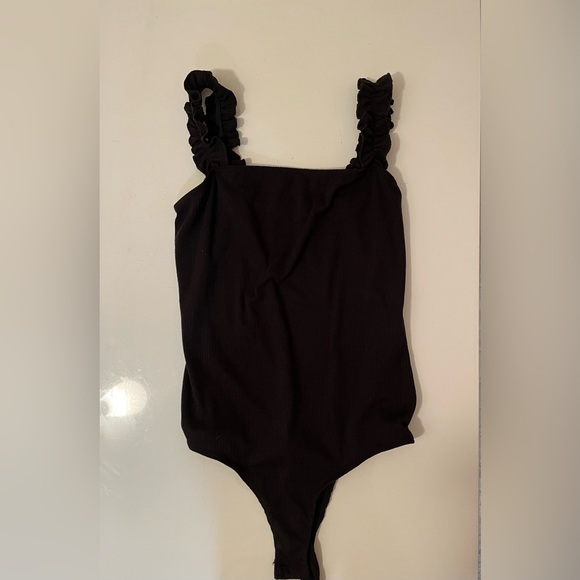 Tops | Black Ruffle Strap Bodysuit | Poshmark